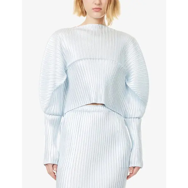 Issey Miyake Glossed Metal Pleats Long-sleeves Knitted Top - Pale
